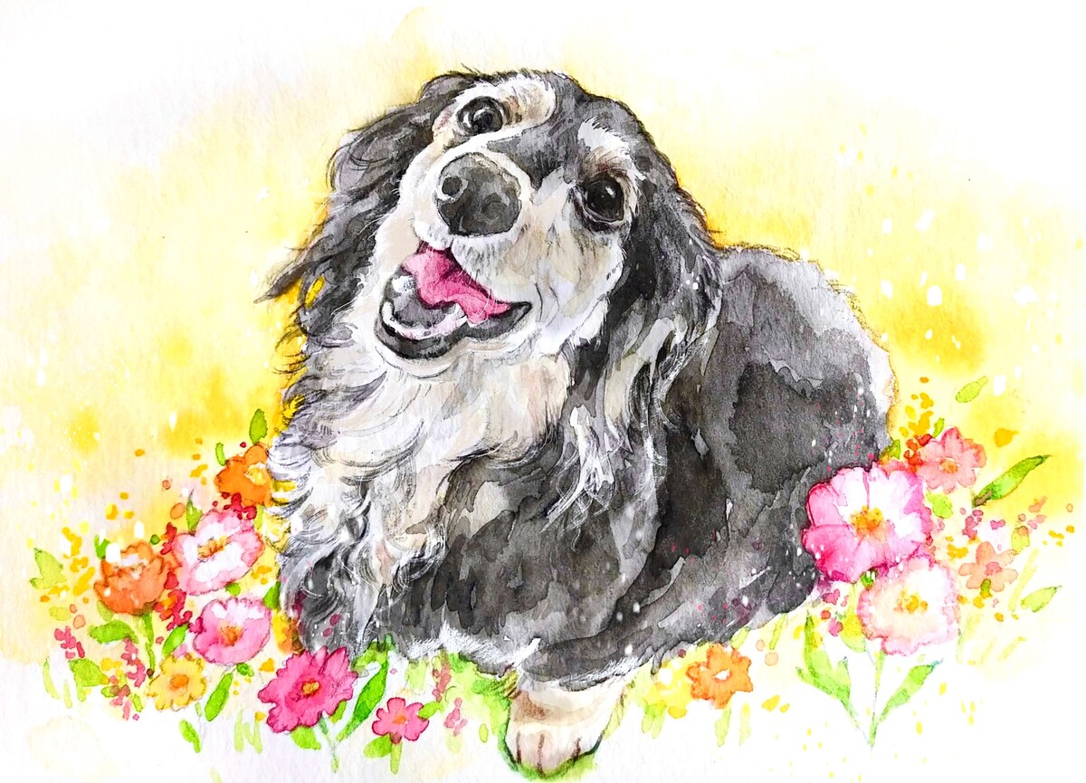 ダックスフンドとお花畑 | mutsukiさん(動物イラスト)のポートフォリオ | ココナラ
